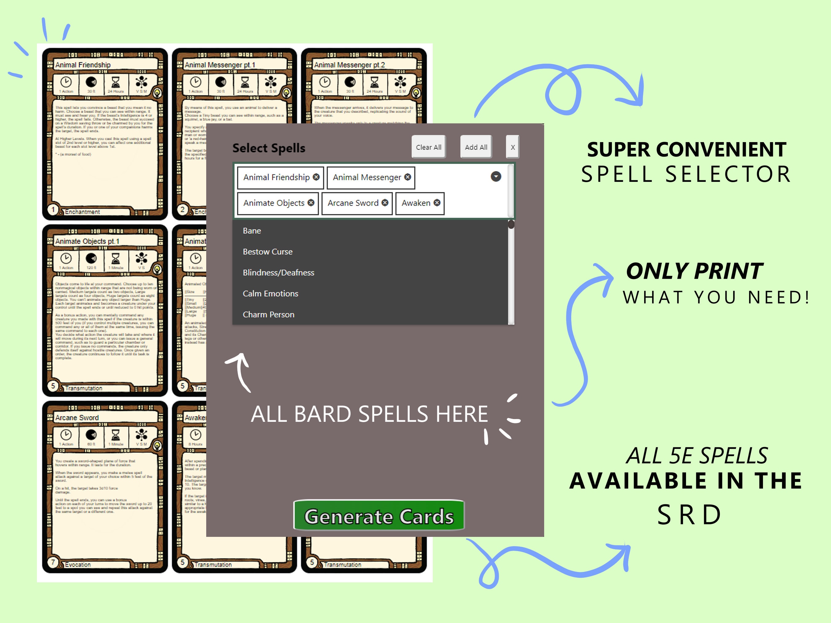 All 5E Spells Bard Spell Cards Dnd 5e Full Colour Printable - Etsy