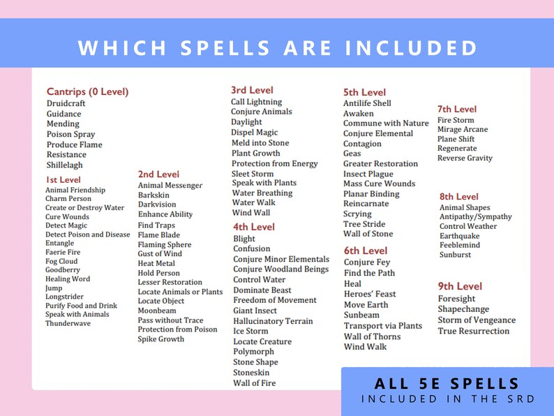 All 5E Spells | Druid Spell Cards | Dnd 5e | Full Colour | Printable - Etsy