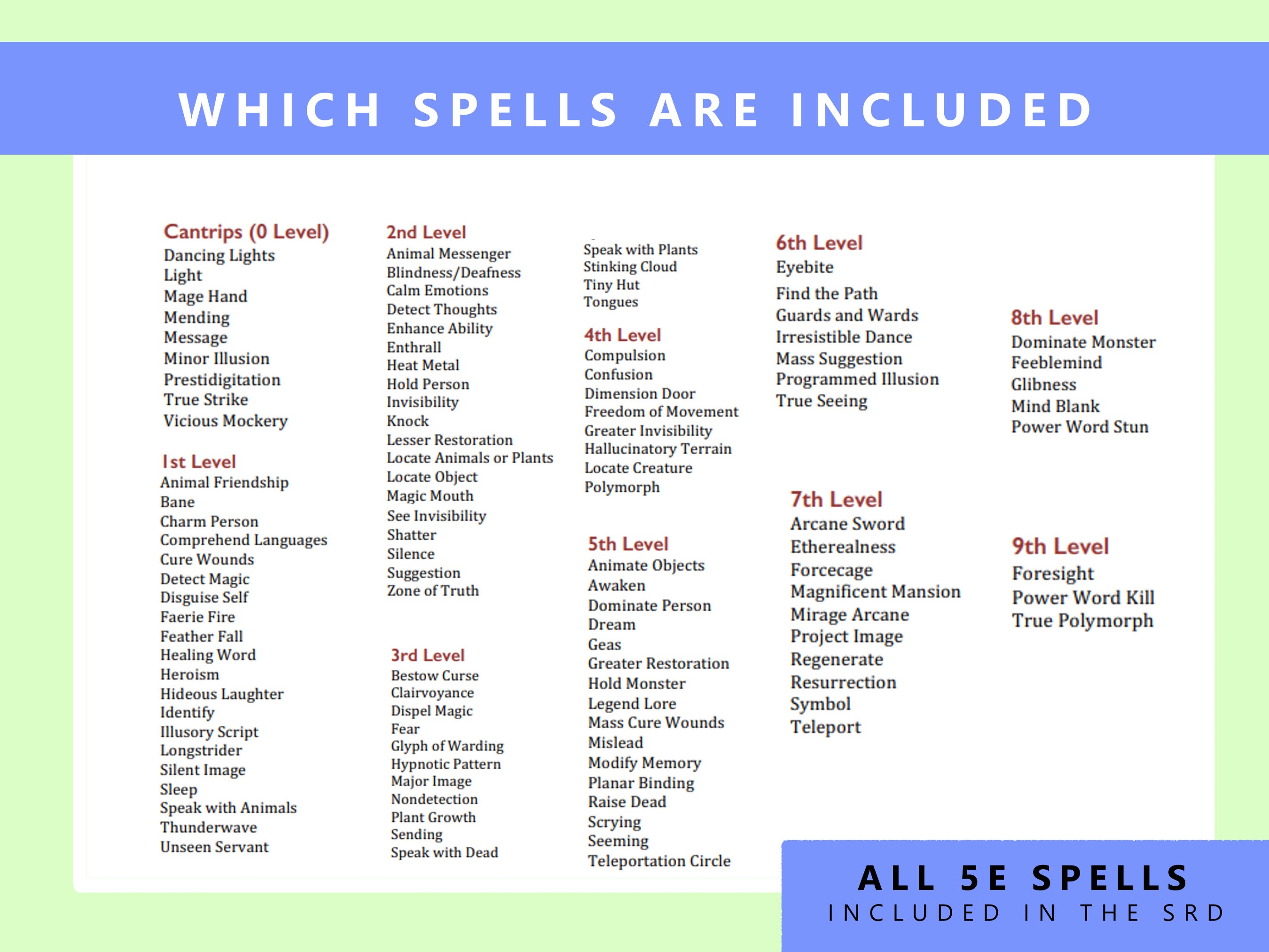 All 5E Spells Bard Spell Cards Dnd 5e Full Colour Printable - Etsy
