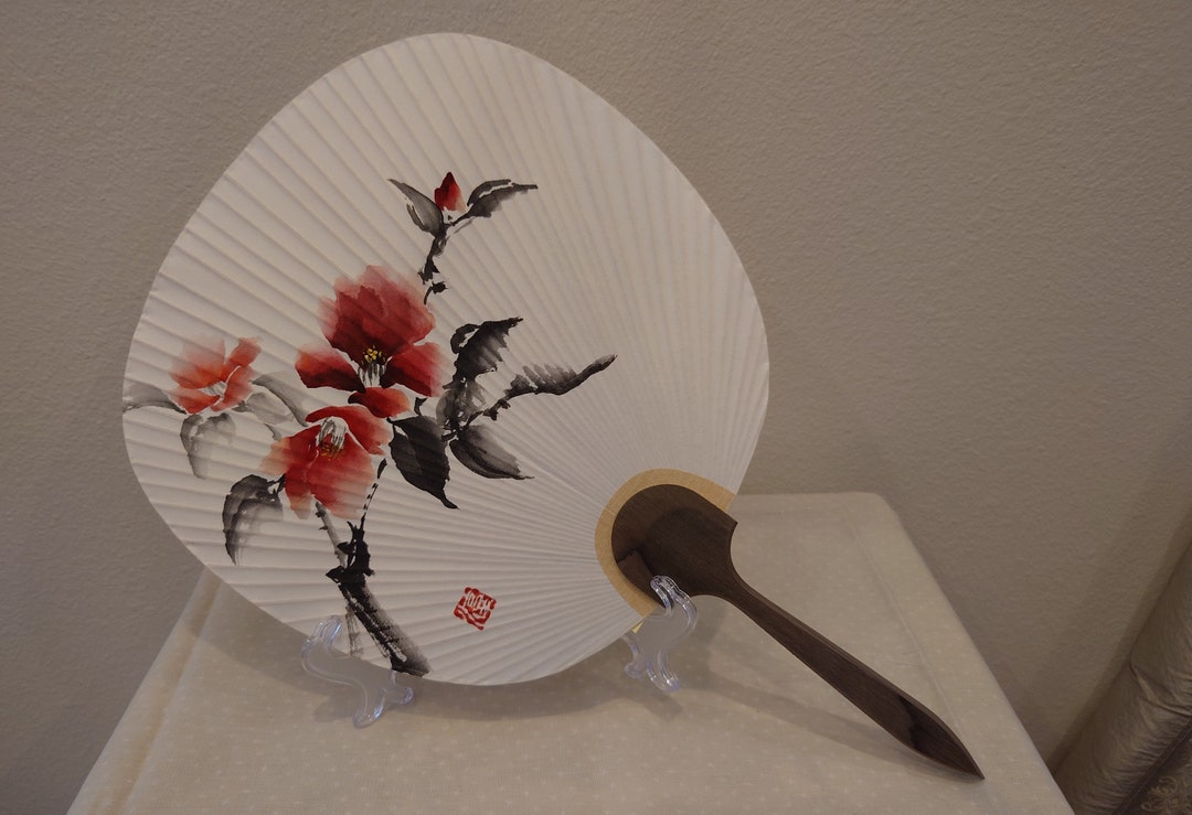 Japanese Hand Painted Sumi-e Fan With Wood Hundle, by Atsuko Camellia ...