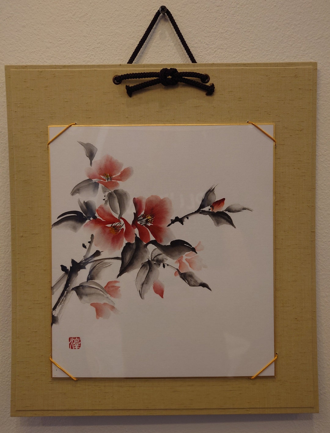 Camellia, Original Japanese Sumi-e Painting With Daishi Frame (japanese ...