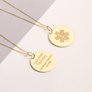 14K Gold Medical Alert Necklace, Custom Engraved ID Jewelry, Caduceus ...