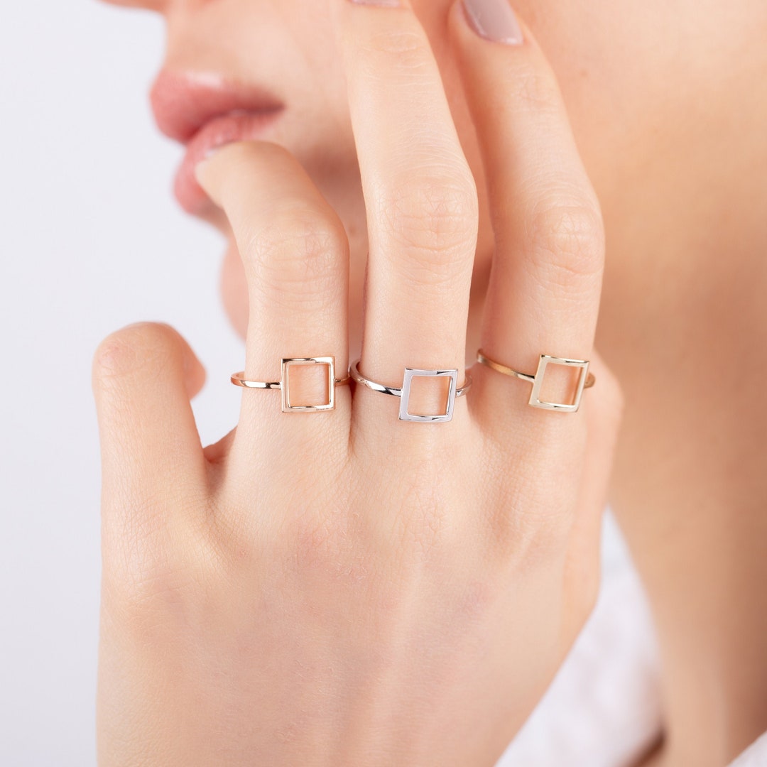 Solid Gold Square Ring, 18K Gold Dainty Geometric Ring, Modern Open ...