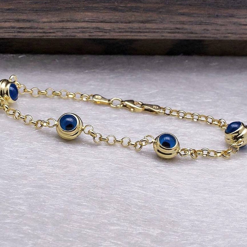 14k Gold Evil Eye Bracelet Evil Eye Rolo Chain Gold Bracelet | Etsy