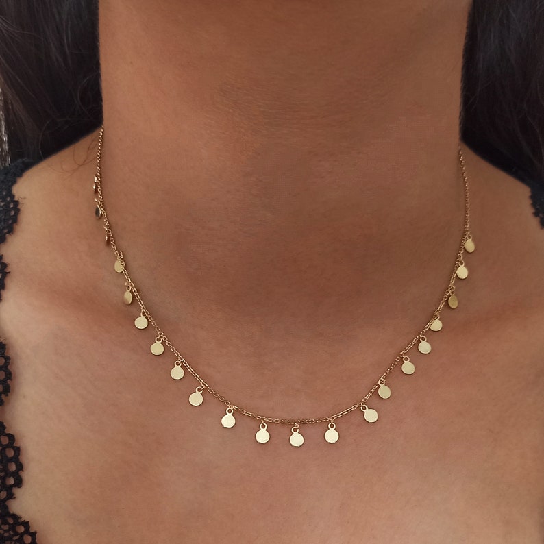 14K Solid Gold Multi Disc Necklace, Tiny Coin Choker - Etsy