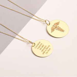 14K Gold Medical Alert Necklace, Custom Engraved ID Jewelry, Caduceus ...