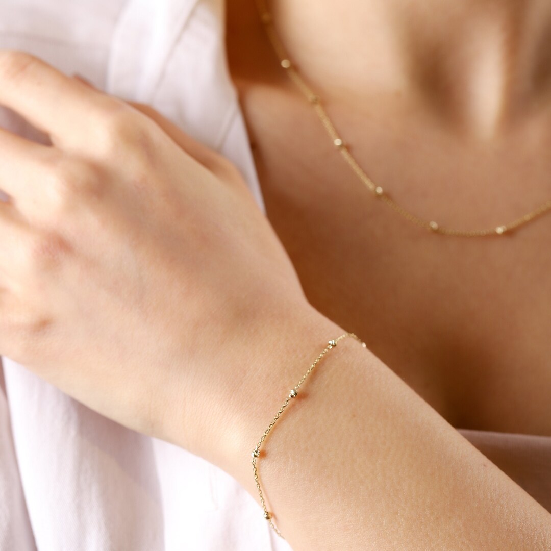 14K Solid Gold Beaded Chain Necklace, Dainty Satellite Chain Necklace ...