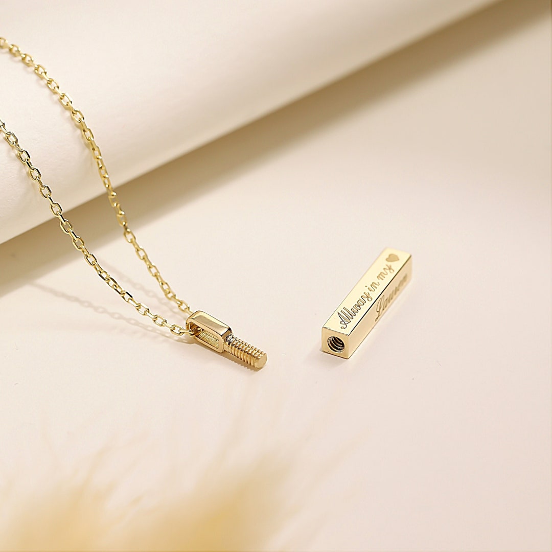 14K Solid Gold Cremation Urn Necklace, Vertical Minimalist Pet Ash ...