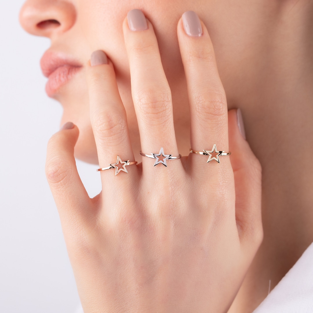 14K 18K Solid Gold Star Ring, Dainty Open Star Ring, Stacking Star Ring ...