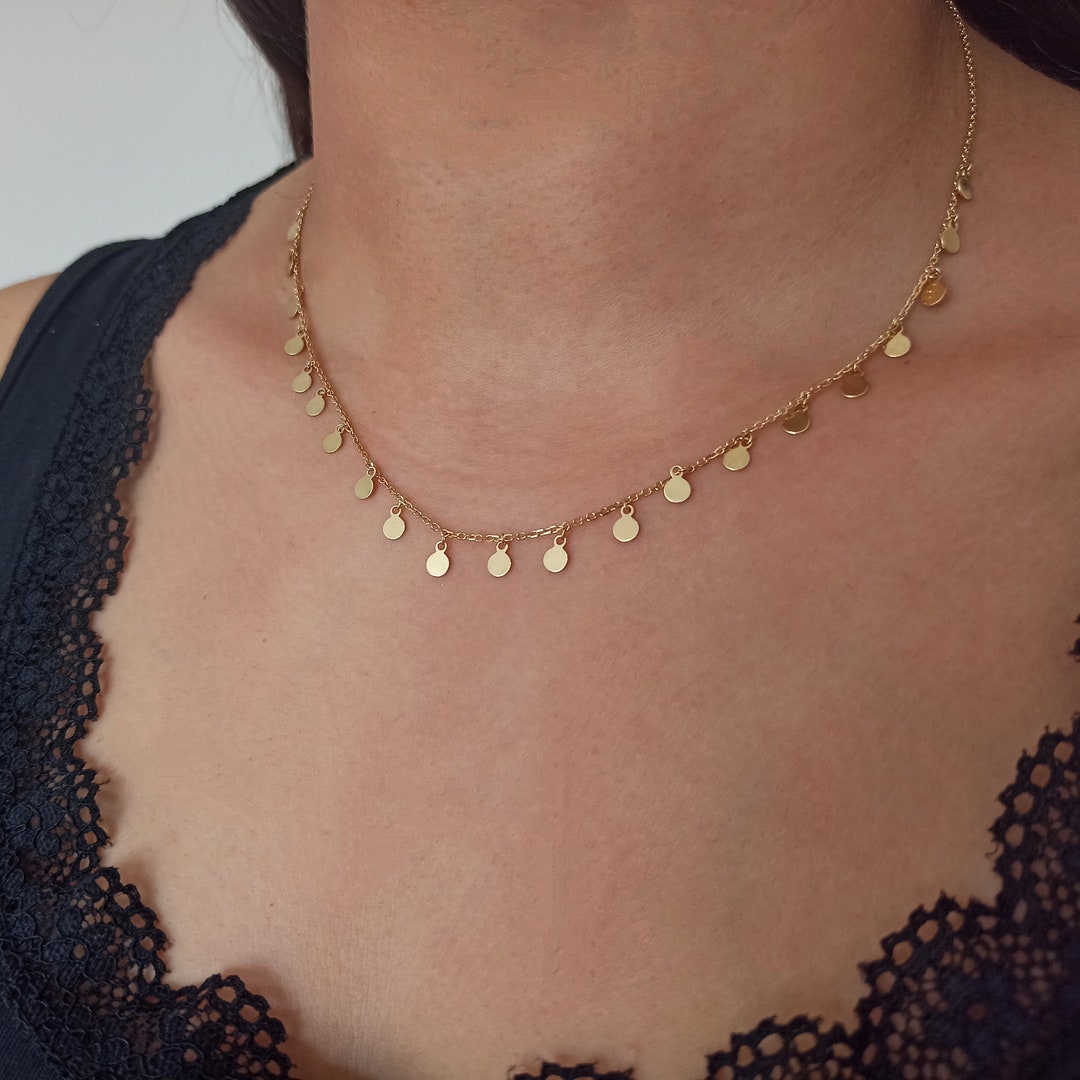 14K Real Gold Drop Multi Disk Necklace, Multiple Tiny Gold Coin Layered ...