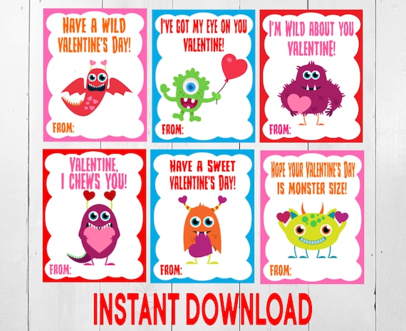 Monster Valentine Cards Valentine's Day Cards Printable | Etsy