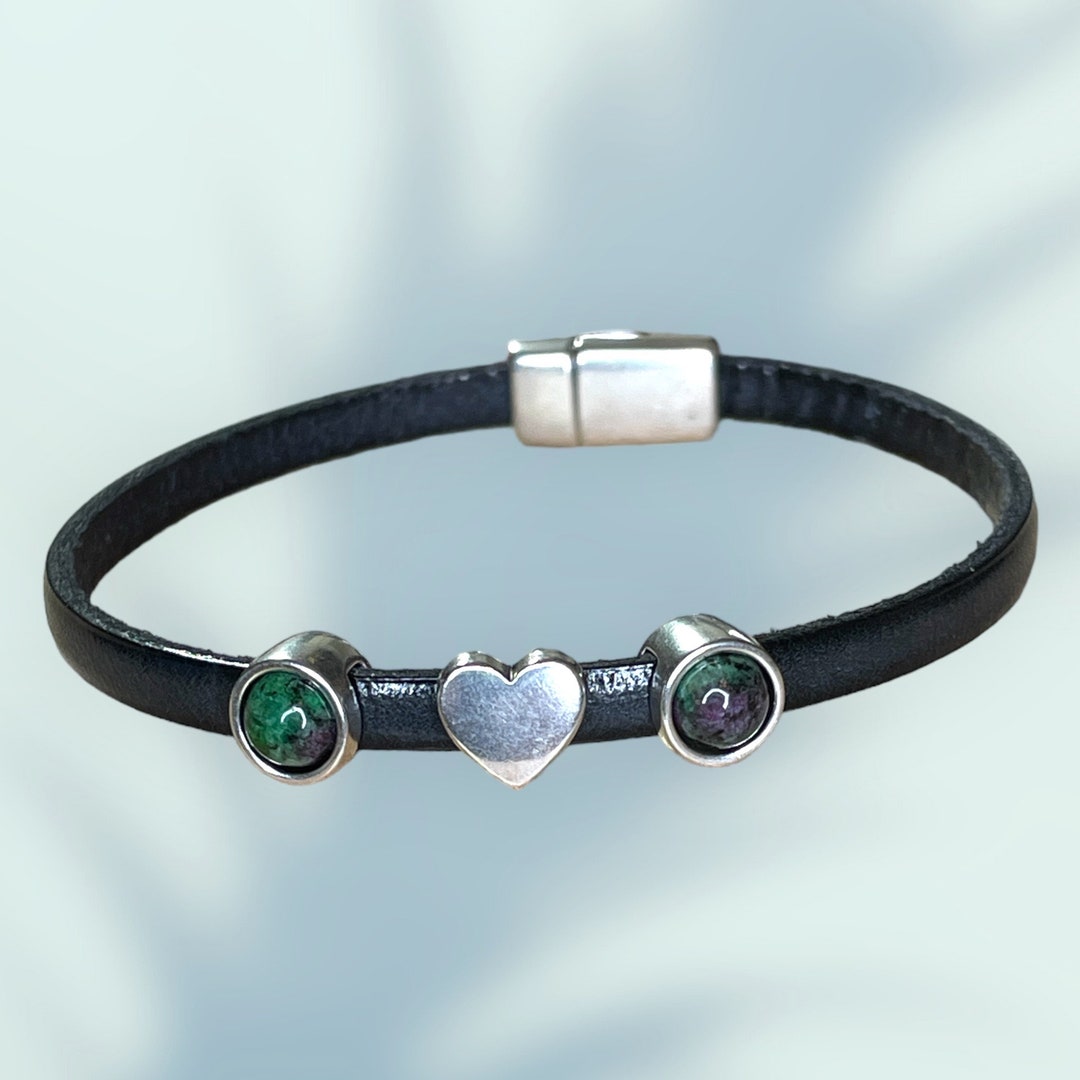 Leather and Jasper Charms With Central Heart (zamak) and Locking ...