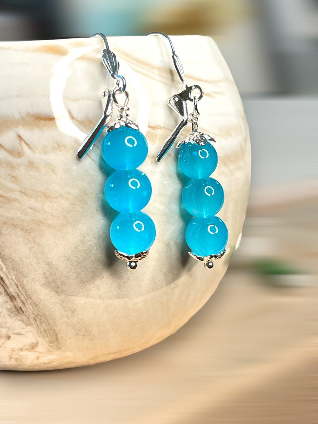 Sea Blue Beads With Silver Wire Trim Lever Back Drop Earrings - Etsy