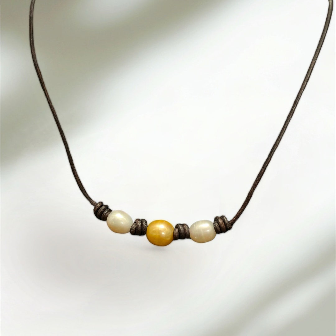 Leather and Large Pearl Necklace With Spring Ring Closure. - Etsy