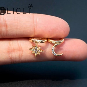 Mond und Stern Creolen, cz Mond Huggie Creolen, Stern Creolen, Mond Anhänger Ohrringe - Etsy.de