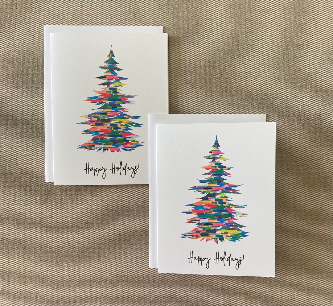 Block Print Happy Holidays Card Set, Christmas Card Set, Whimsical ...