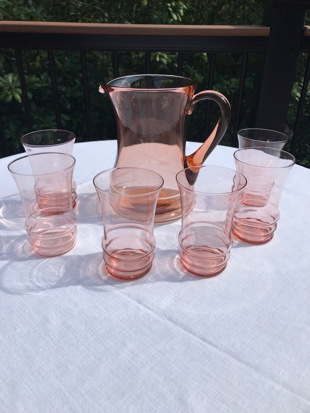 Pitcher, 6 Glasses, Peach Colored 7 Piece Set, Vintage Pitcher and ...