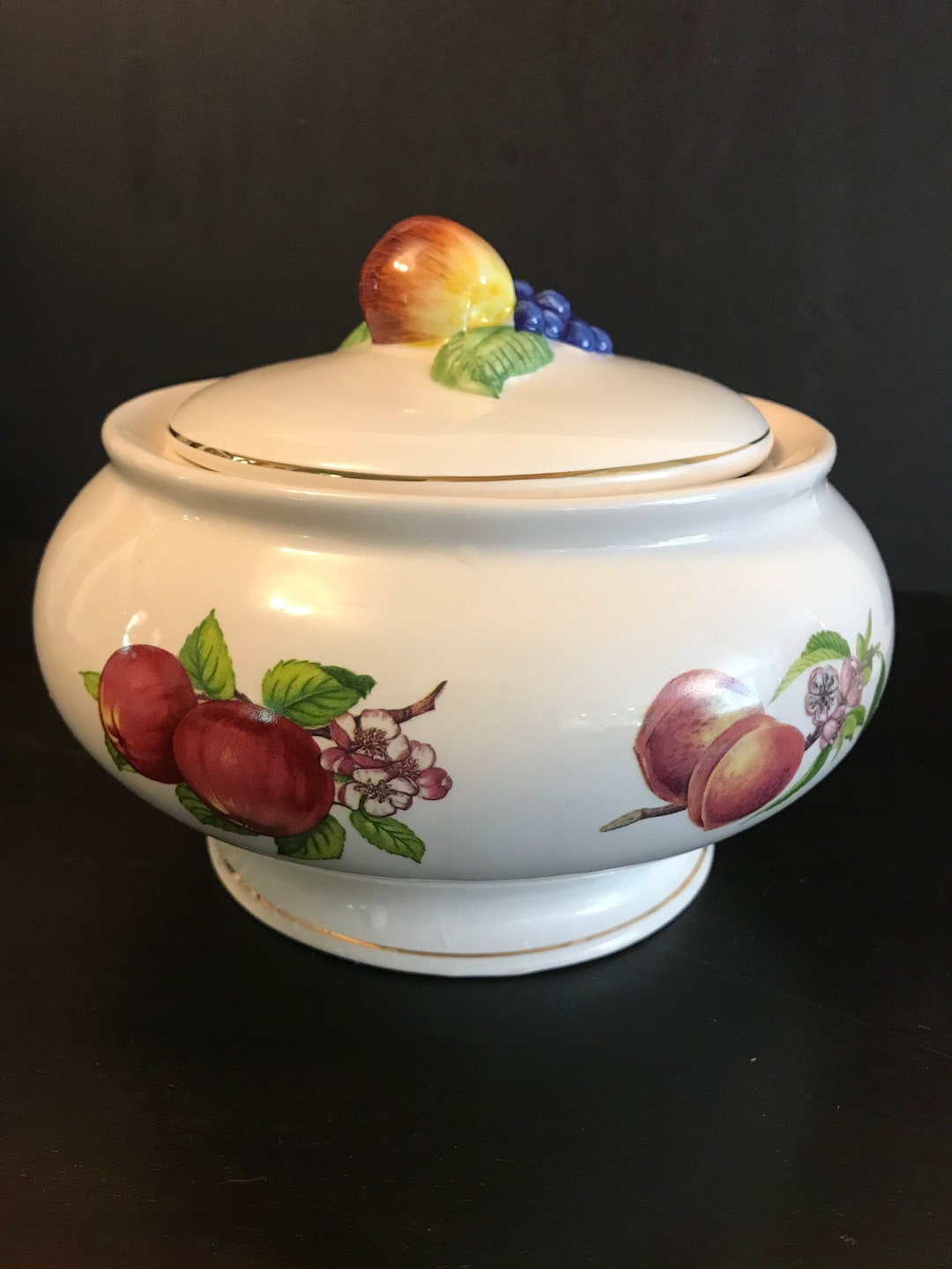 Vintage Teleflora Ceramic Covered Bowl: Fruit Motif Casserole With Gold ...