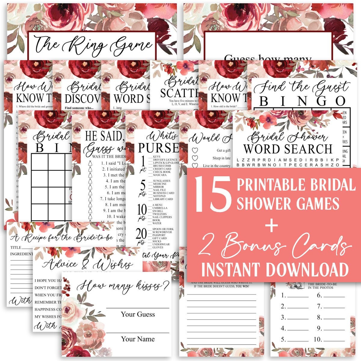 Burgundy Floral Printable Bridal Shower Games 15 Games & 2 Bonus Cards ...
