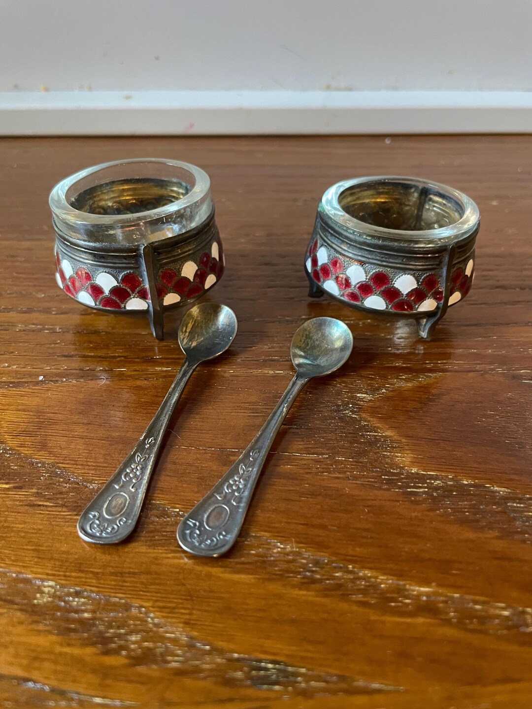 2 Russian Enameled Glass Salt Cellars With 2 Silver Spoons - Etsy