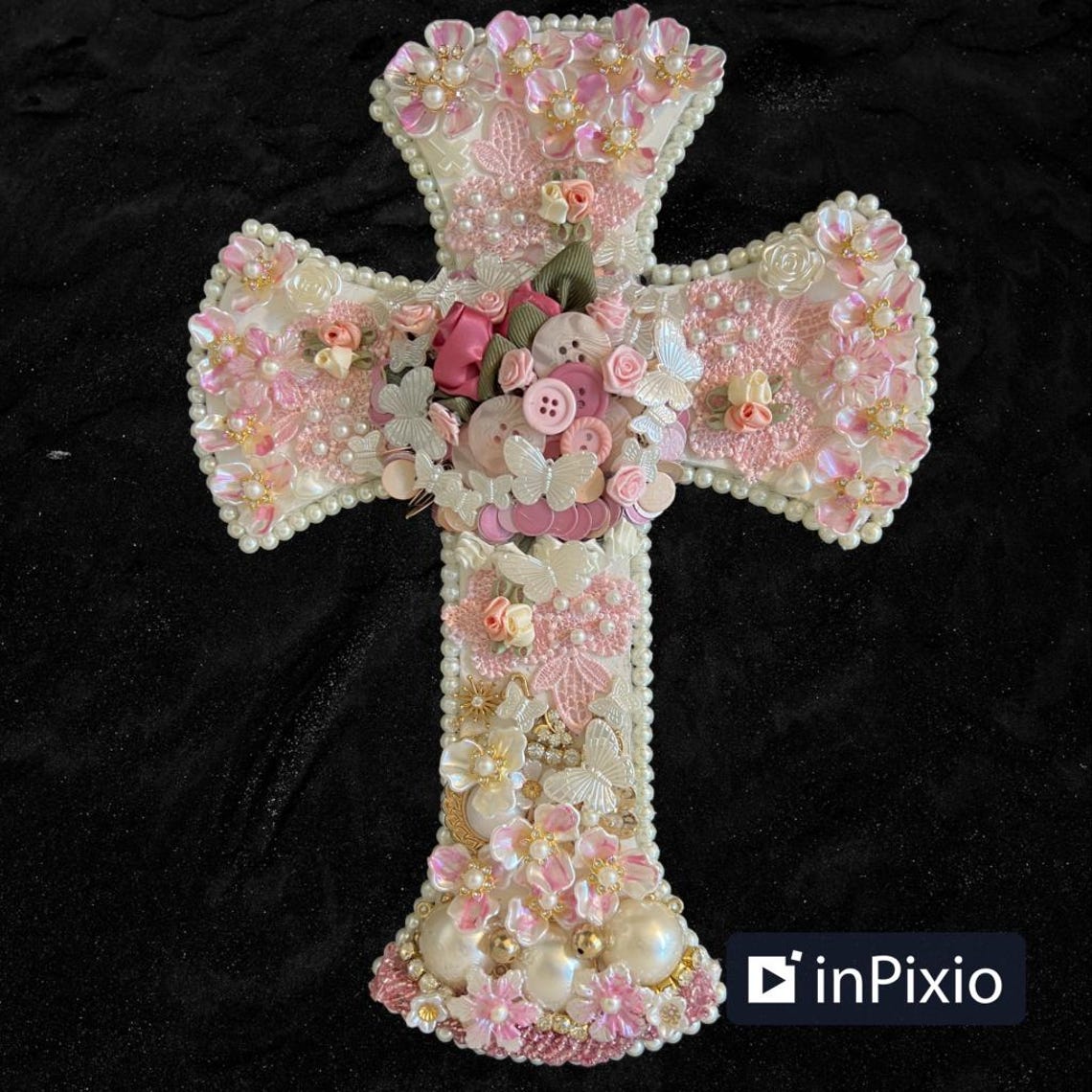 Handmade Pink Floral Cross: Vintage Jewelry Decor (12x8.5 Inch) - Etsy