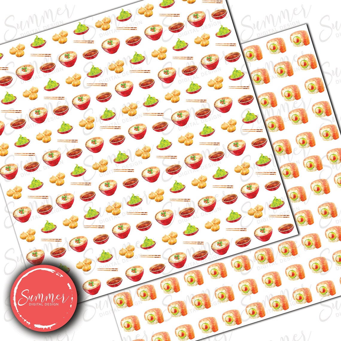 Sushi Watercolor Seamless Digital Paper Pattern, Sushi Digital Papers ...