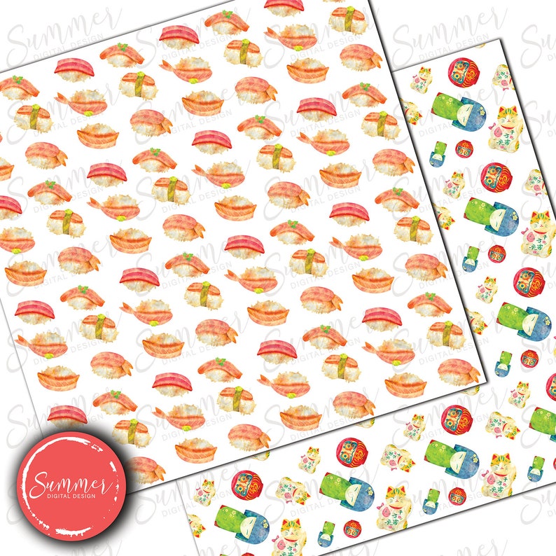 Sushi Watercolor Seamless Digital Paper Pattern, Sushi Digital Papers ...