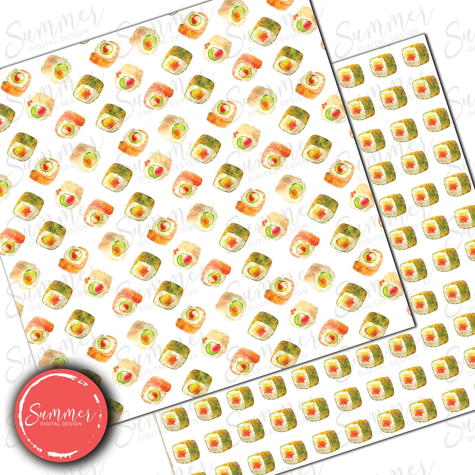 Sushi Watercolor Seamless Digital Paper Pattern, Sushi Digital Papers ...