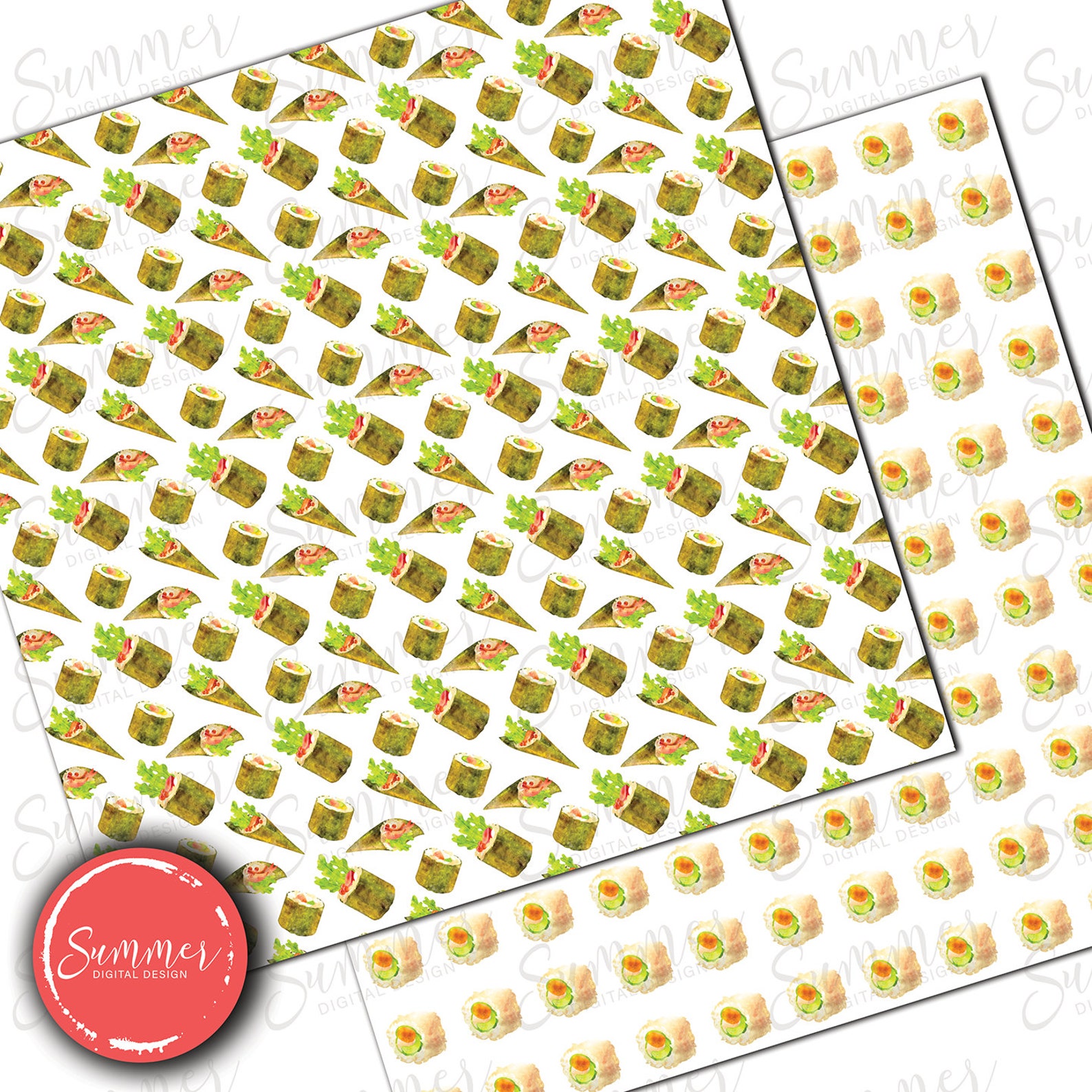 Sushi Watercolor Seamless Digital Paper Pattern, Sushi Digital Papers ...