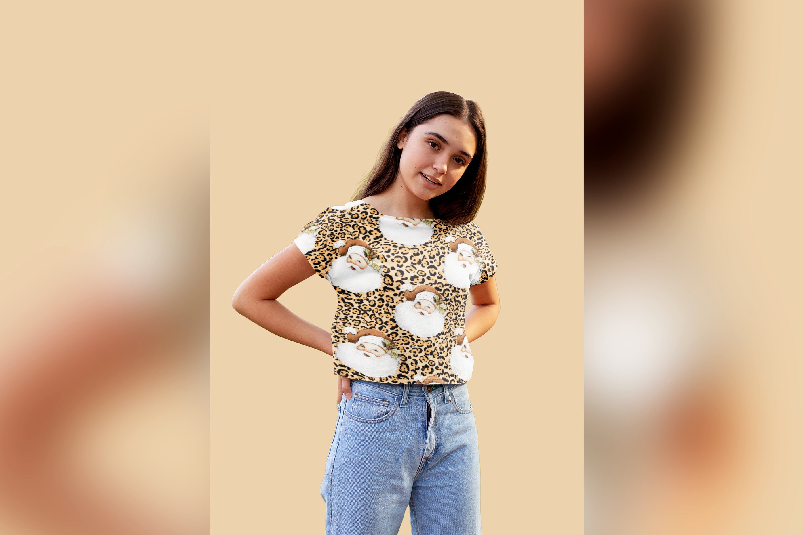 Vintage Santa Leopard Print Seamless Pattern, Retro Christmas Repeat ...