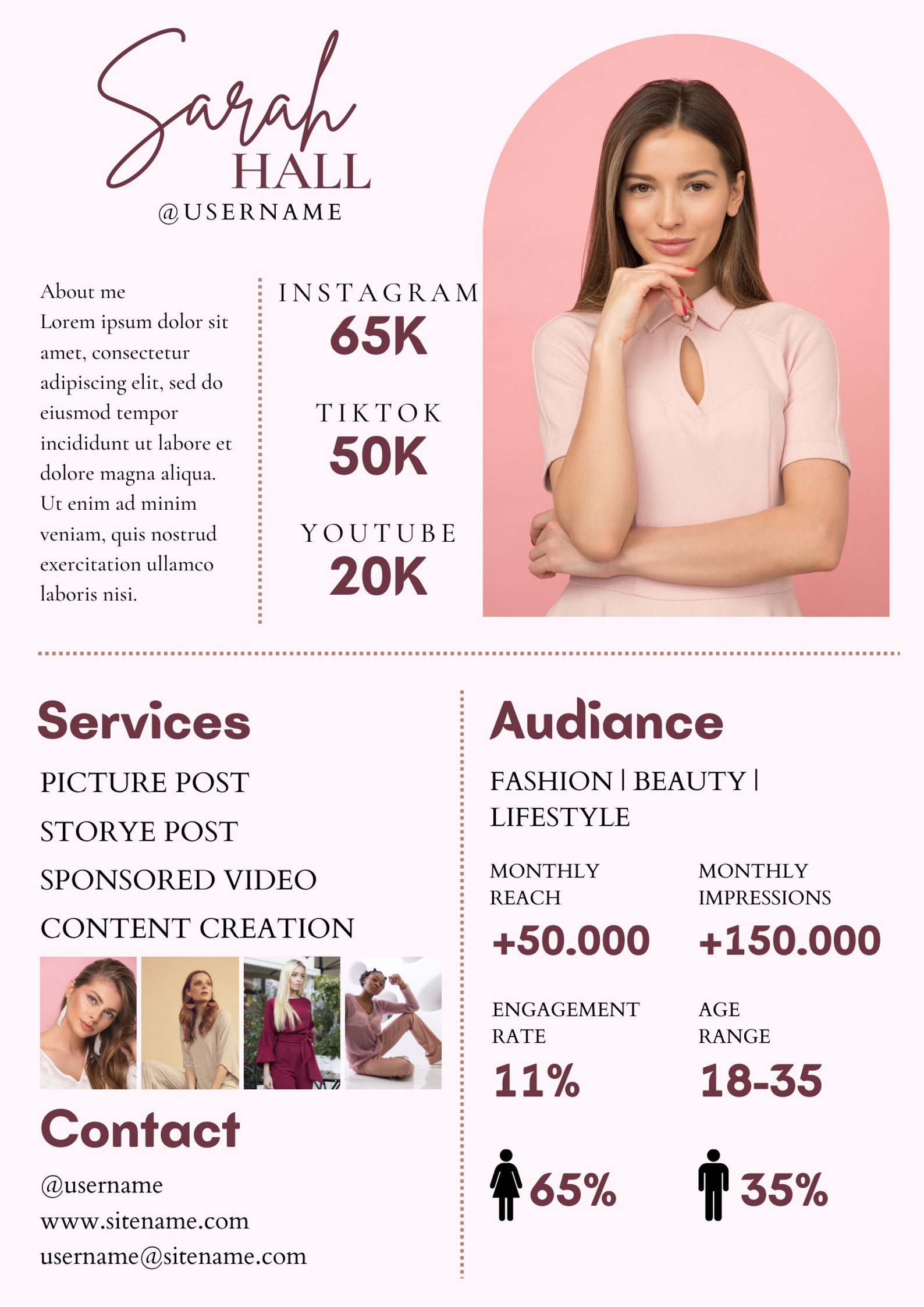 One Page Media Kit for Influencers Tiktok Influencer Instagram ...