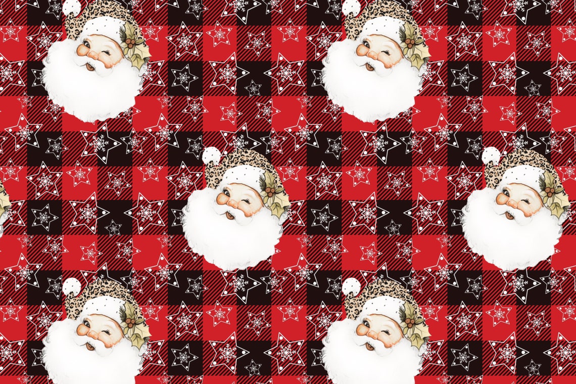 Red Plaid Vintage Santa Leopard Print Seamless Pattern, Retro Christmas ...
