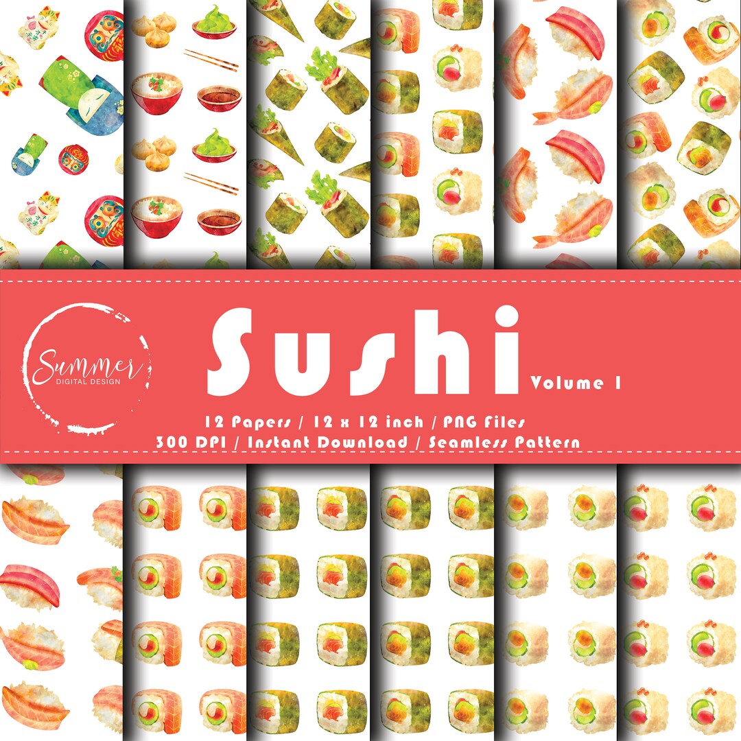 Sushi Watercolor Seamless Digital Paper Pattern, Sushi Digital Papers ...
