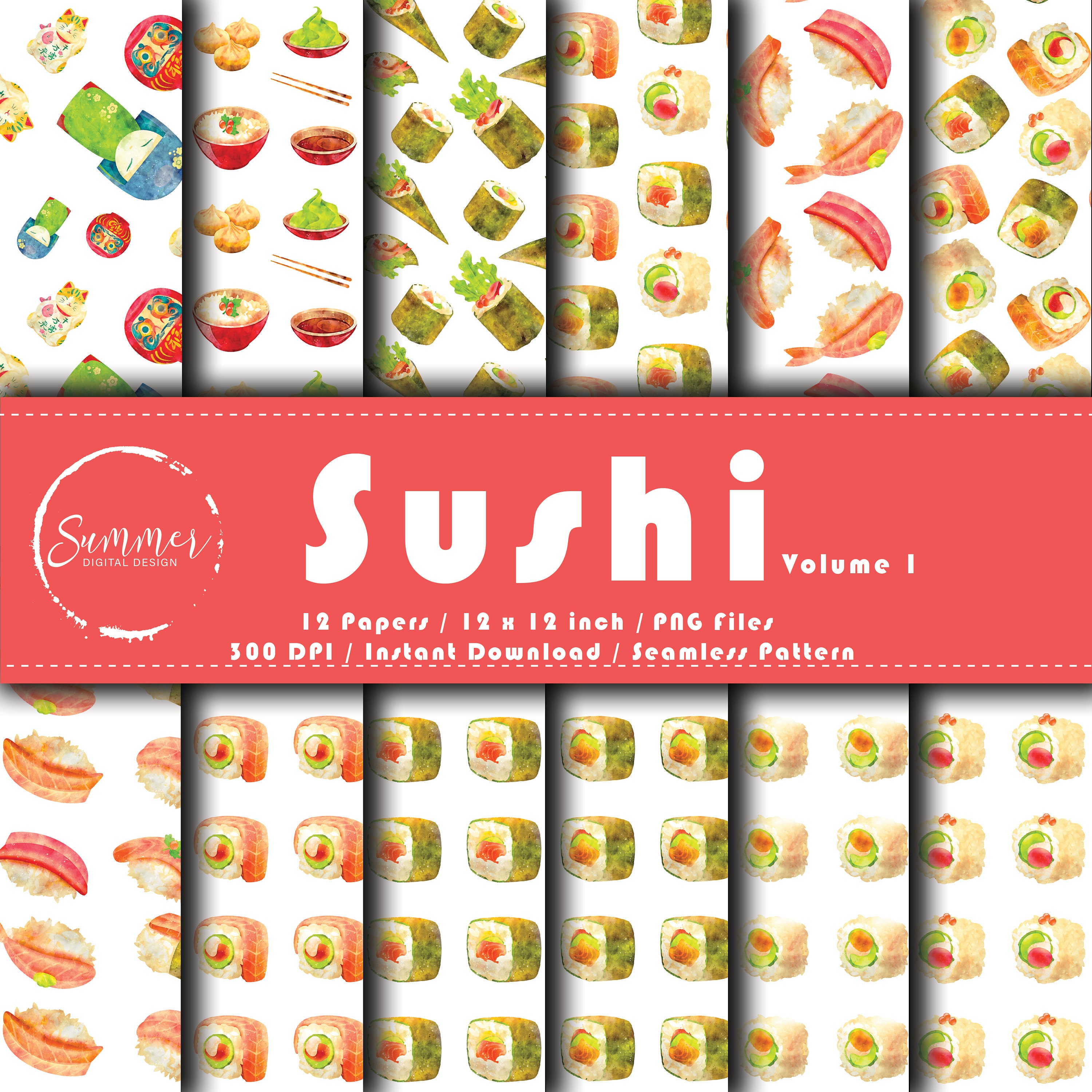 Sushi Watercolor Seamless Digital Paper Pattern, Sushi Digital Papers ...