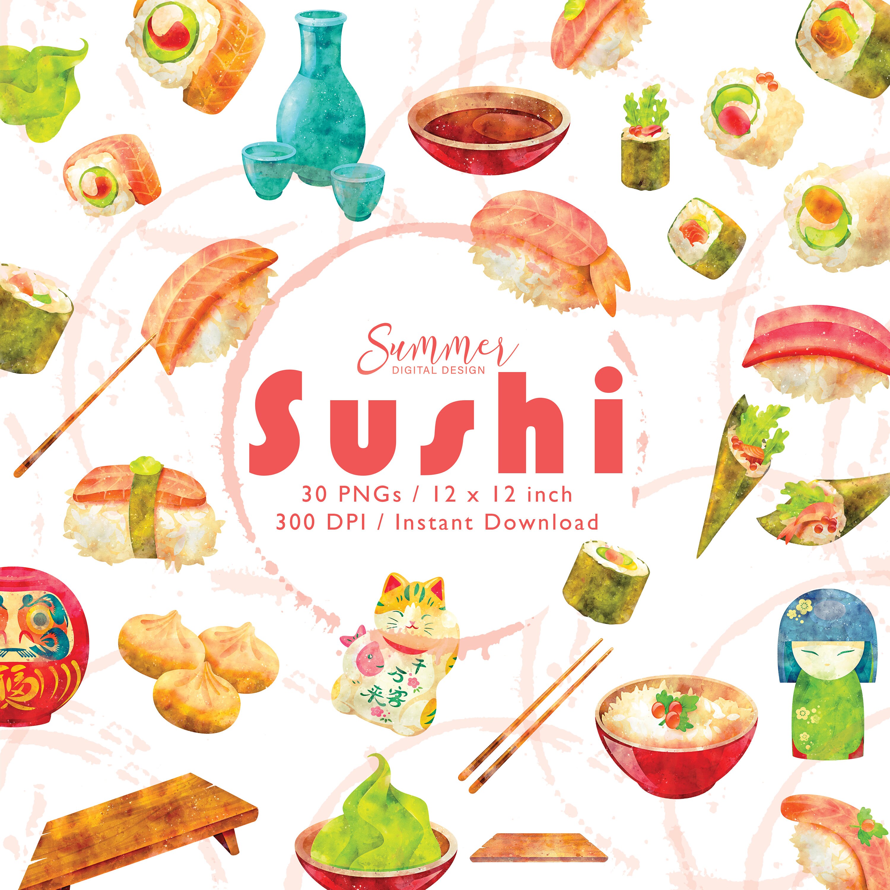 Sushi Watercolor Clip Art, Japan Cute Healthy Food Digital Elements ...