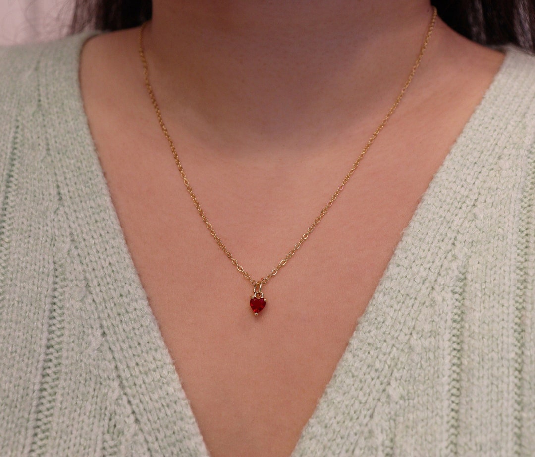 Little Red Heart Necklace - Tiny Sapphire Pendant Necklace - Valentines ...