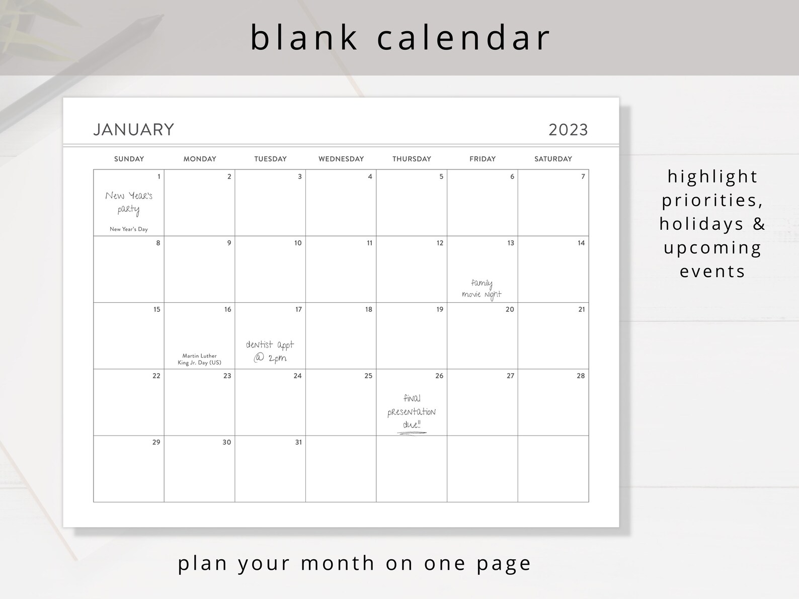 2023 Minimalist Desk Calendar PDF With US Public Holidays -- Sunday ...