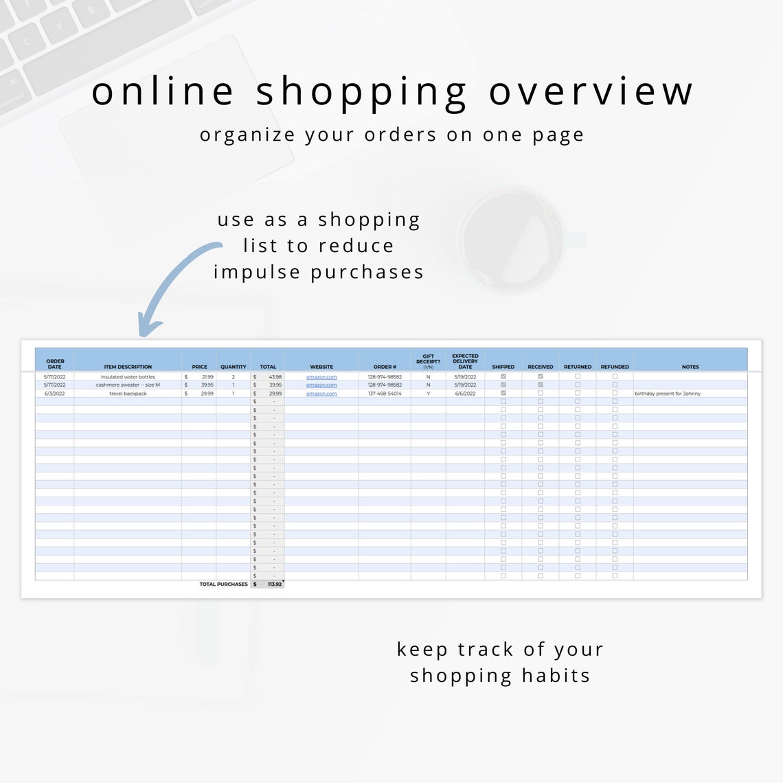 Minimalist Digital Shopping Tracker for Personal Purchases, Interactive ...