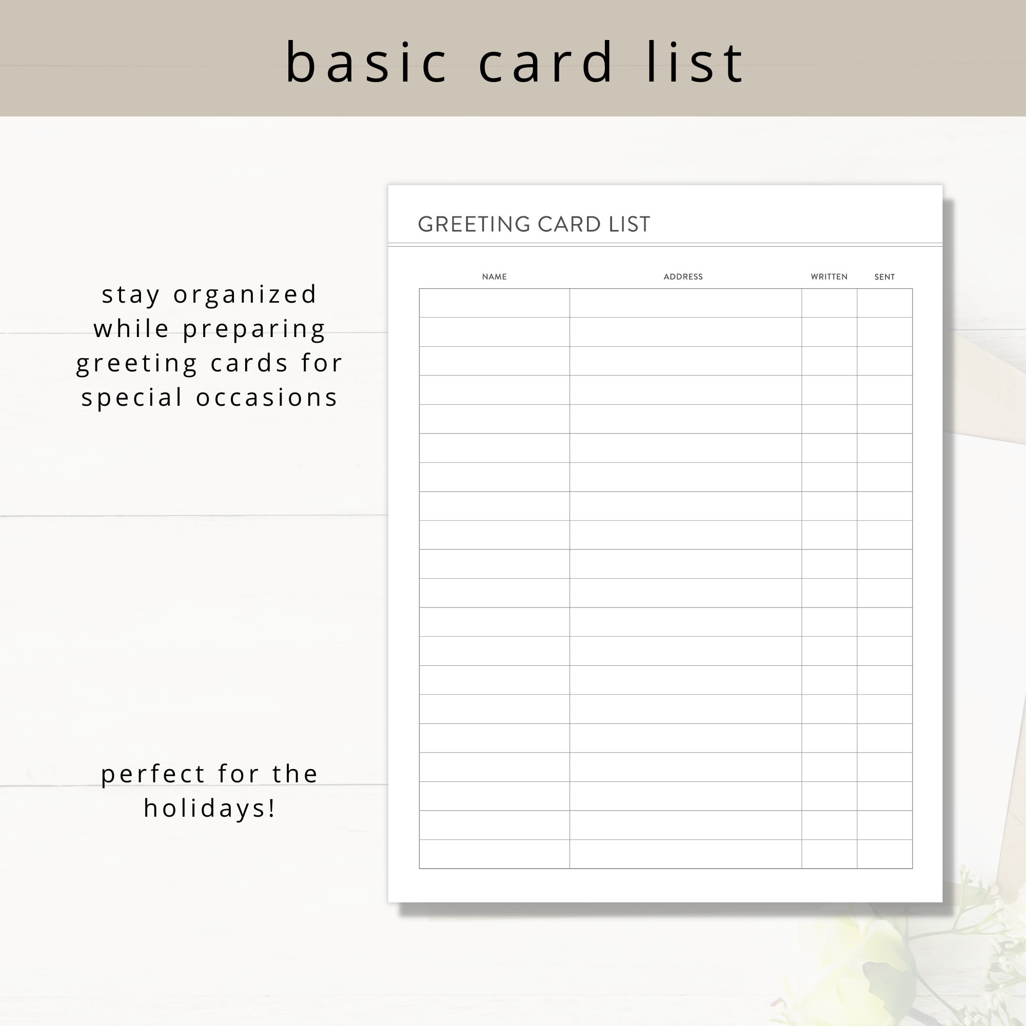 Minimalist Greeting Card Tracker PDF for Personal Contact Management ...