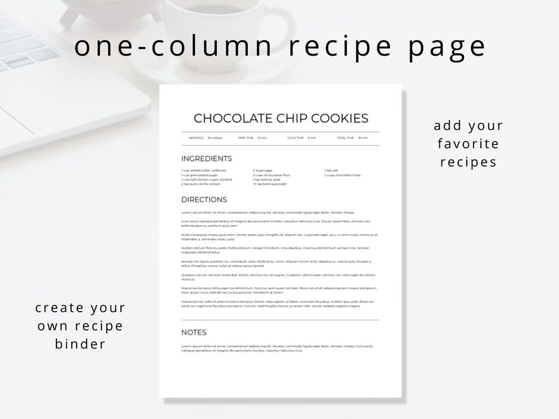 Minimalist Digital Recipe Page for DIY Cookbook and Recipe Binder ...