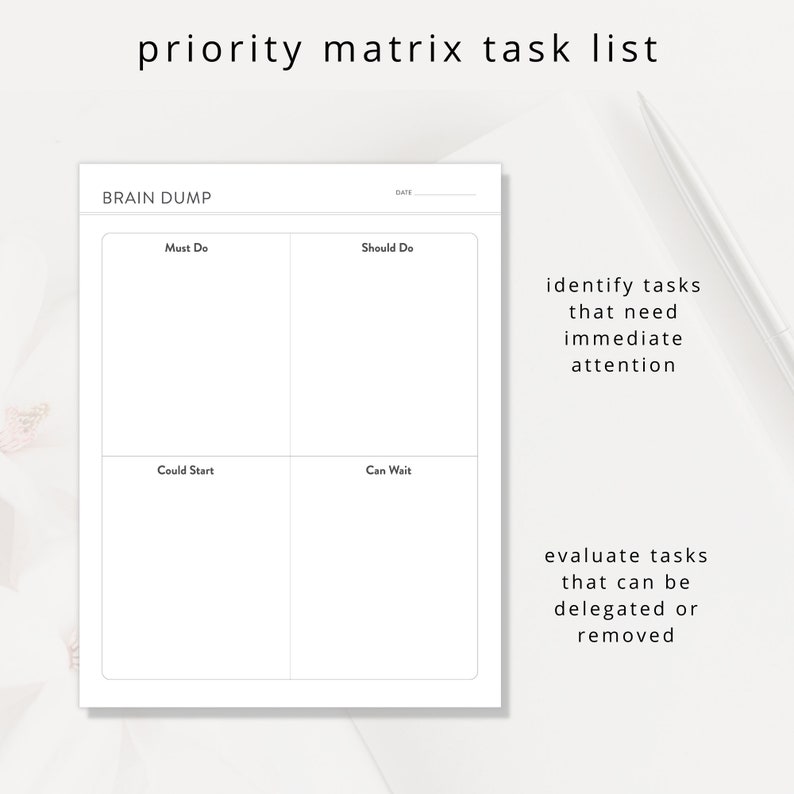 Minimalist Brain Dump PDF Template With Eisenhower Matrix Worksheet ...