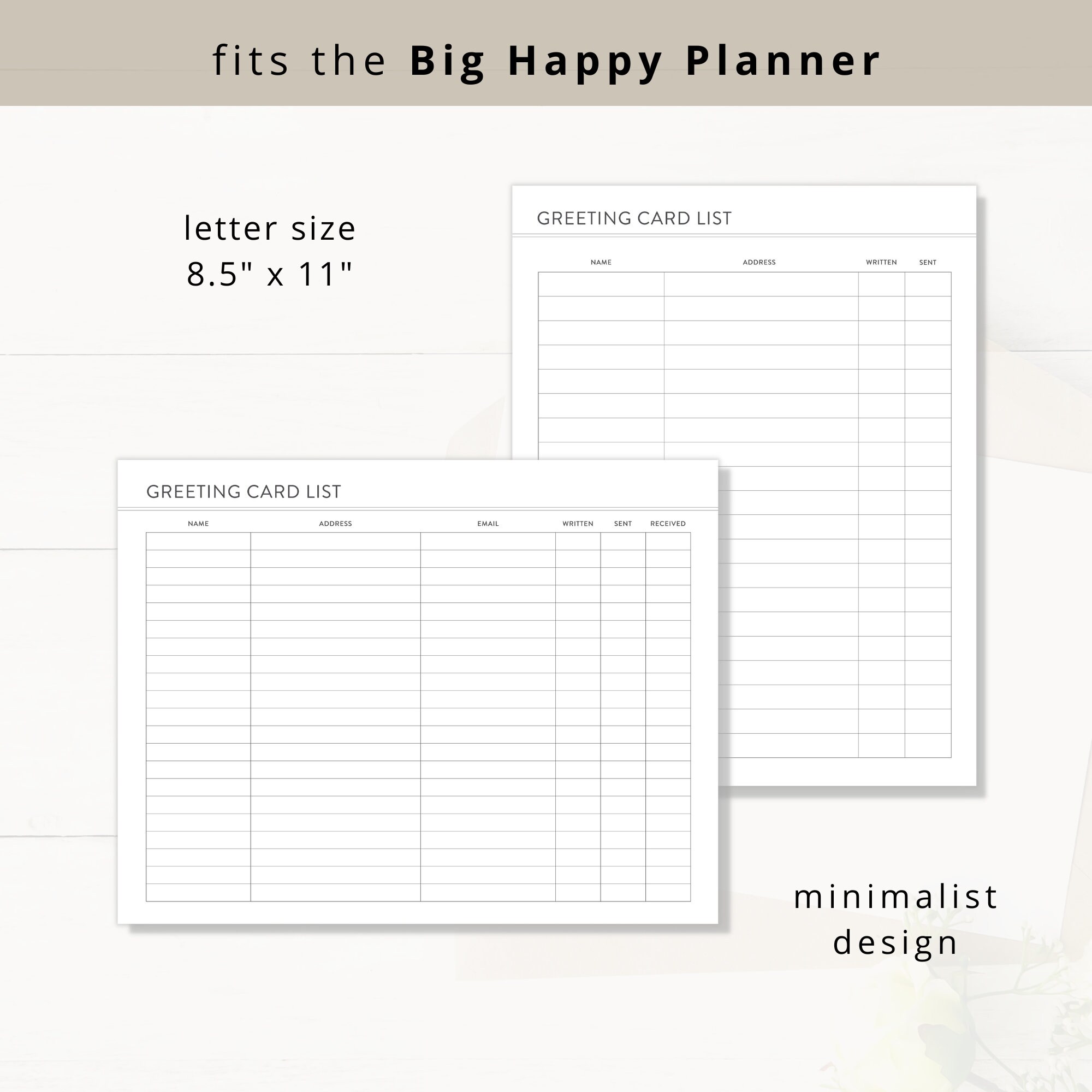 Minimalist Greeting Card Tracker PDF for Personal Contact Management ...