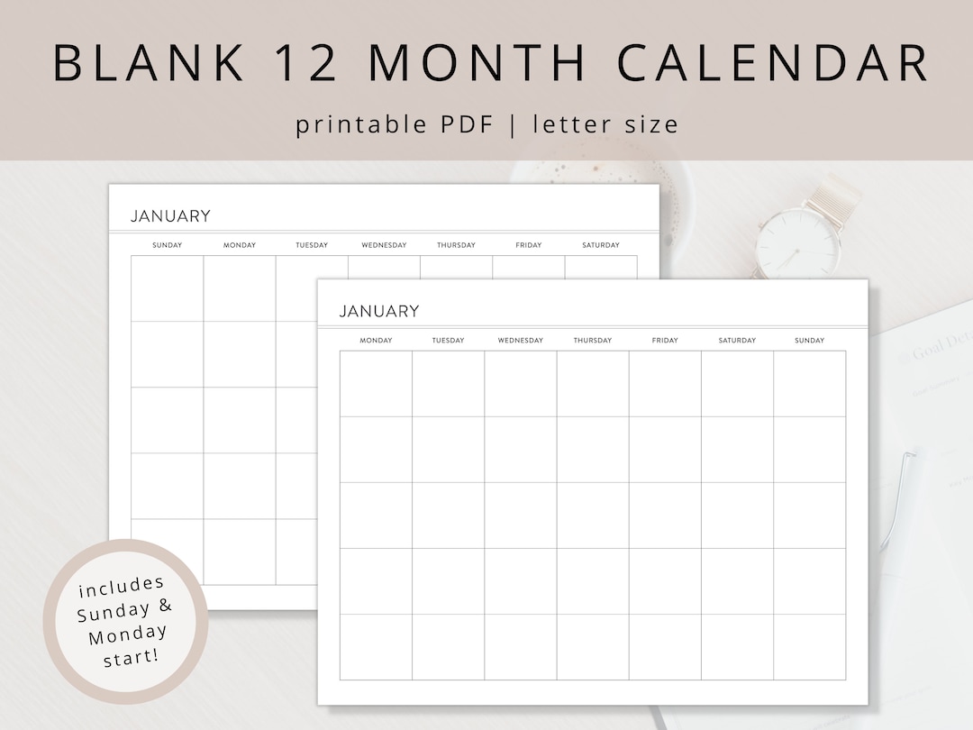 Minimalist Blank 12 Month Desk Calendar PDF With Sunday or Monday Start ...
