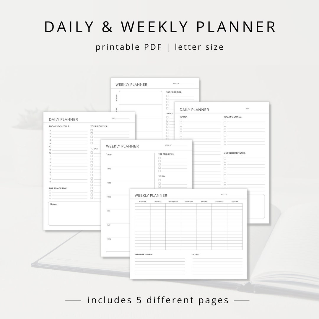 Minimalist Daily & Weekly Printable Planner Bundle, Undated Day and 1 ...