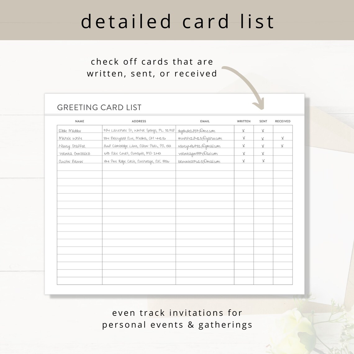 Minimalist Greeting Card Tracker PDF for Personal Contact Management ...