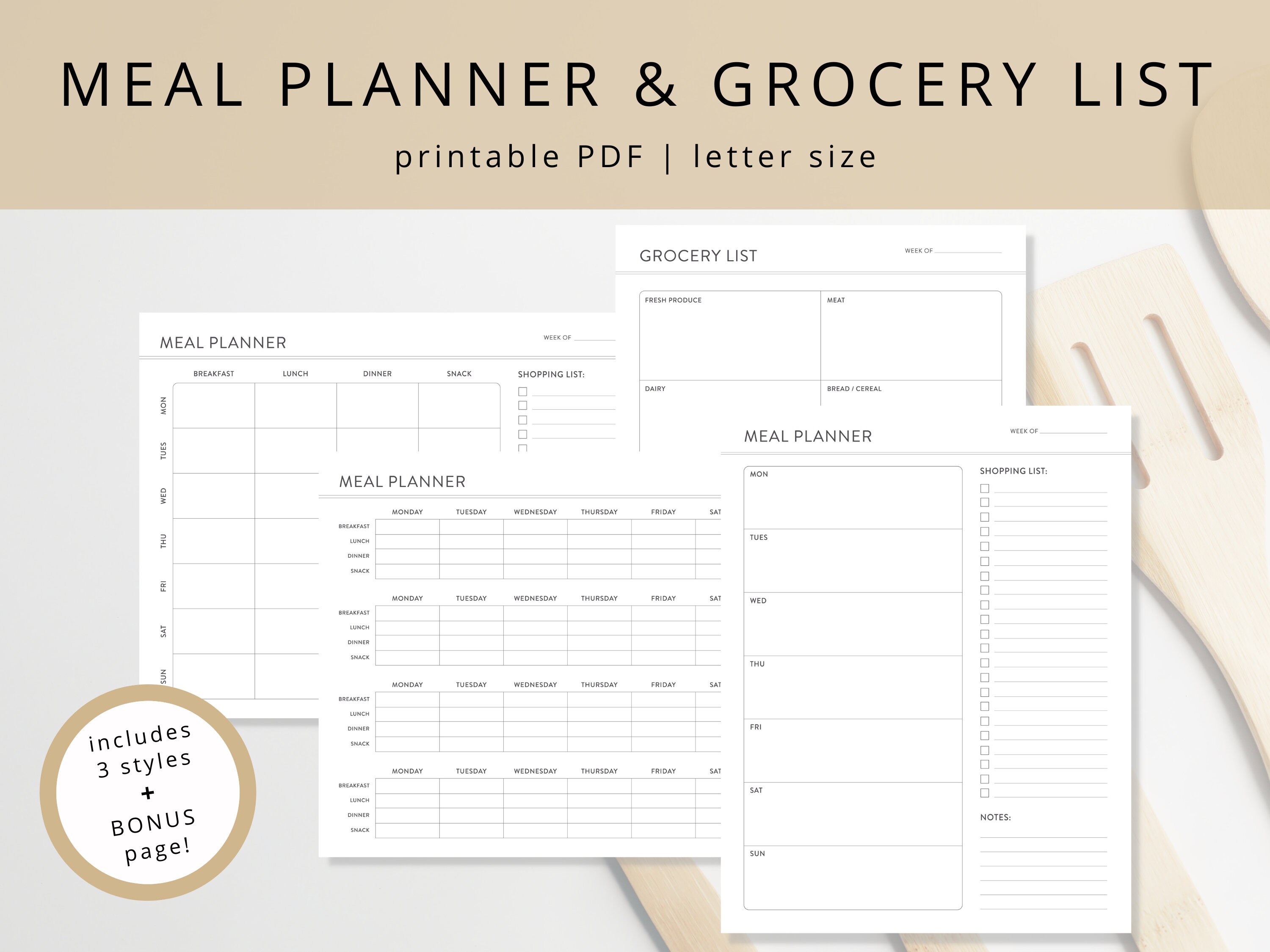 Minimalist Meal Planner Bundle PDF, Includes Grocery List for Menu and ...