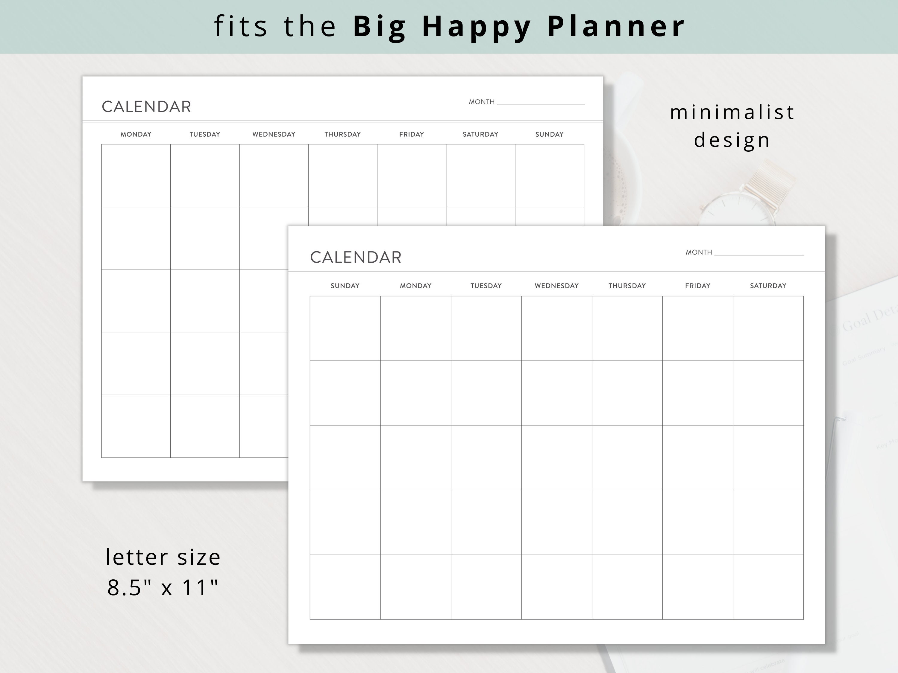 Minimalist Blank Monthly Desk Calendar PDF With Sunday or Monday Start ...