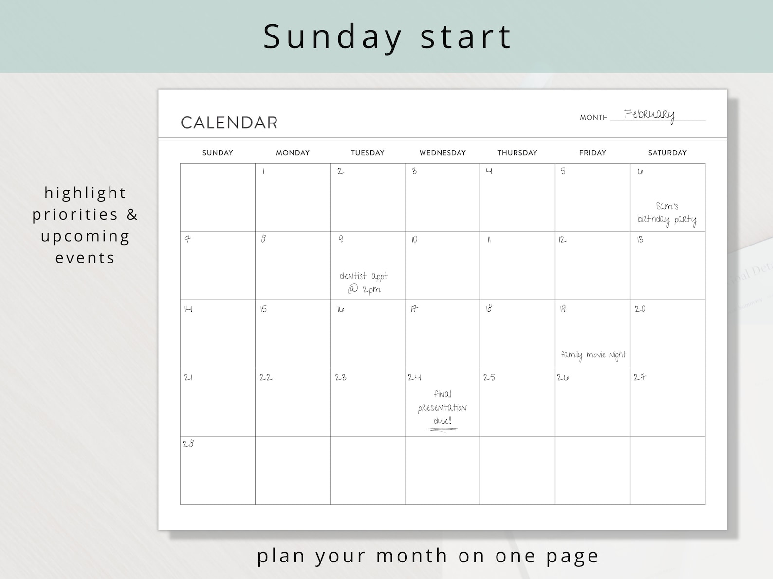 Minimalist Blank Monthly Desk Calendar PDF With Sunday or Monday Start ...