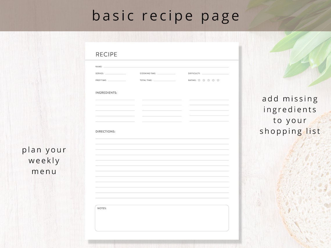 Minimalist Blank Recipe Page PDF Template for DIY Cookbook and Recipe ...