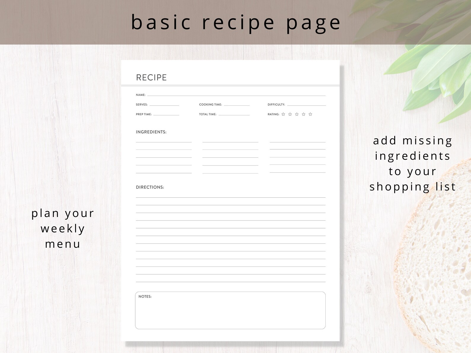 Minimalist Blank Recipe Page PDF Template for DIY Cookbook and Recipe ...